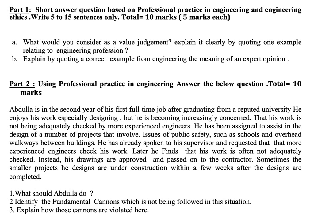 SOLVED: PROFESSIONAL ETHICS IN ENGINEERING Part 1: Short answer ...