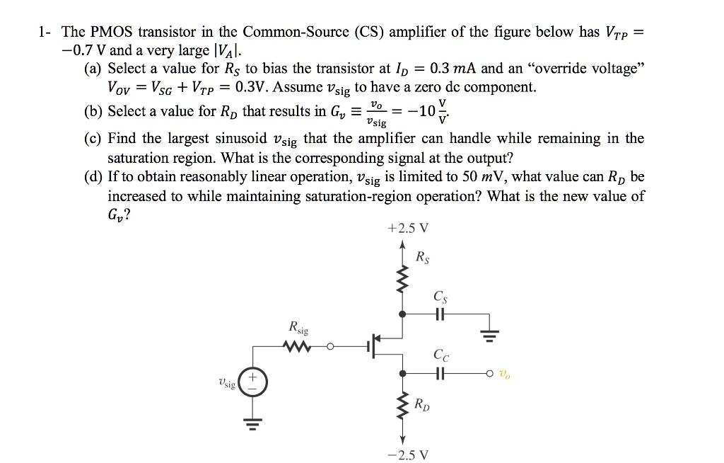 SOLVED: The PMOS transistor in the Common-Source (CS) amplifier of the figure below has Vrp = -0 ...