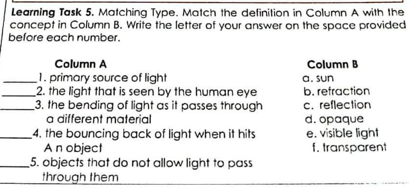science match typematch the definition in colum a with a concept in colum bwrite the letter of ...