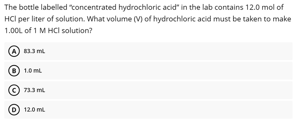 SOLVED: The bottle labelled "concentrated hydrochloric acid" in the lab contains 12.0 mol of HCI ...