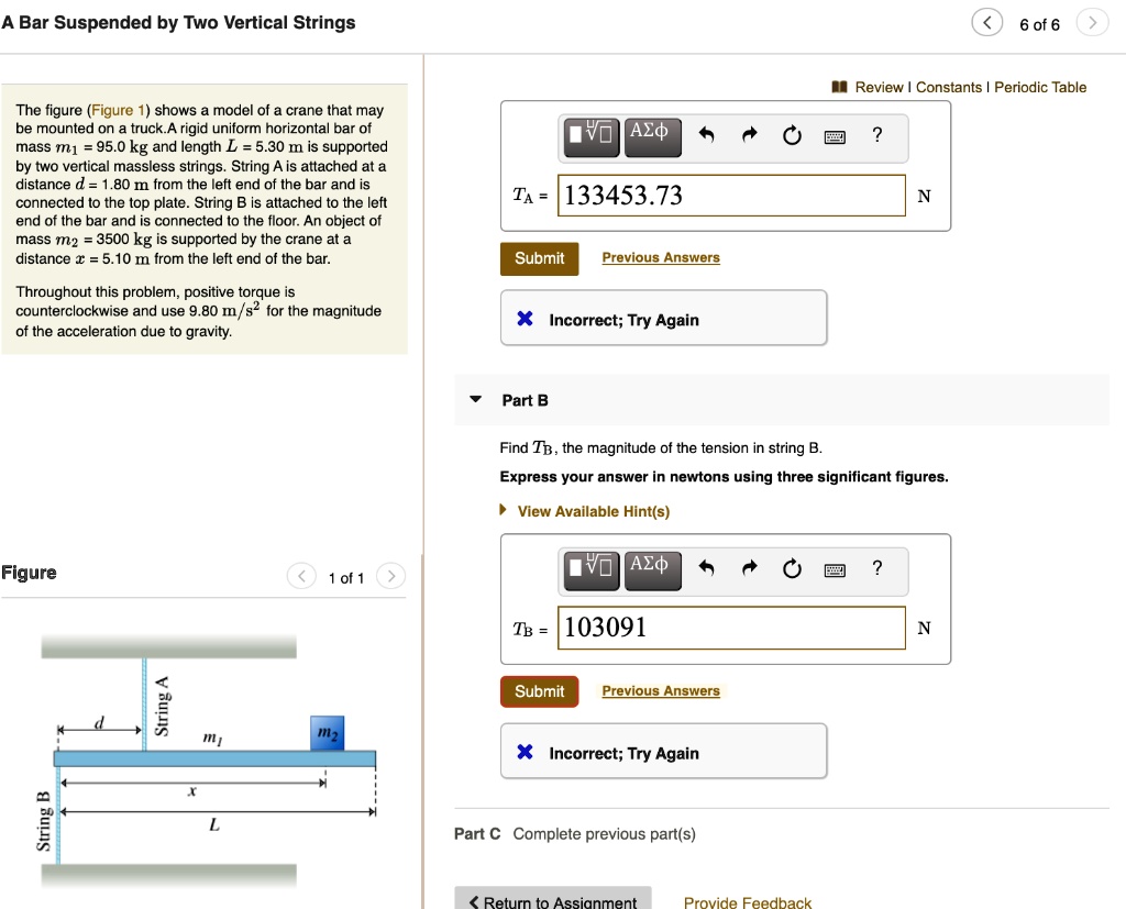 SOLVED: A Bar Suspended by Two Vertical Strings 6 of 6 Review Constants ...