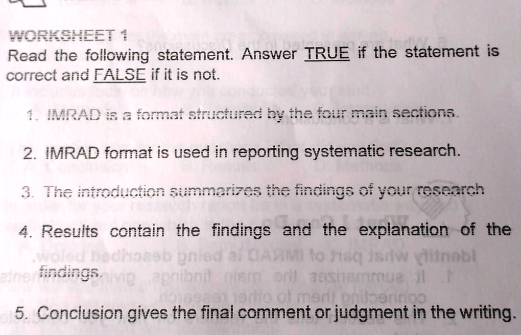 WORKSHEET 1 Read the following statement. Answer TRUE if the statement is correct and FALSE if ...