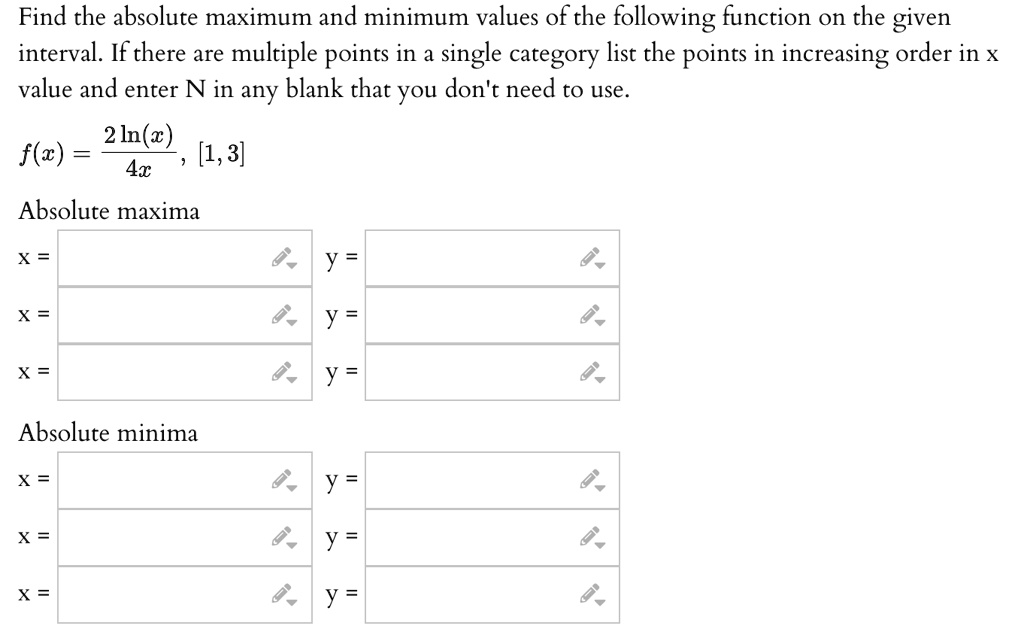 SOLVED: Find the absolute maximum and minimum values of the following function on the given ...