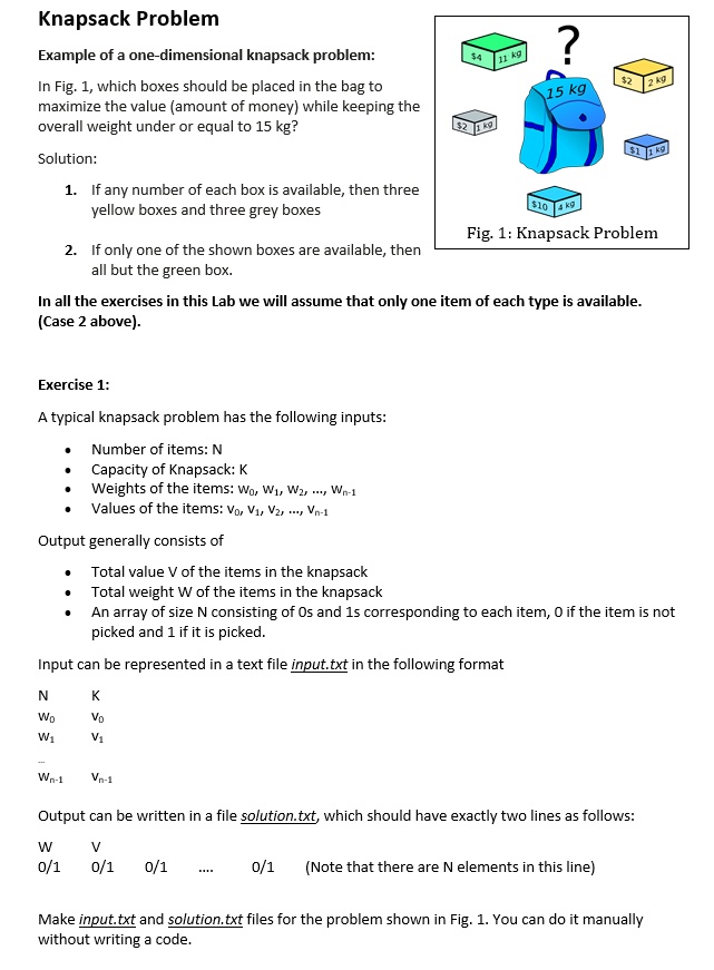 Solved Title Knapsack Problem And Solution Example Of A One Dimensional Knapsack Problem In 2216