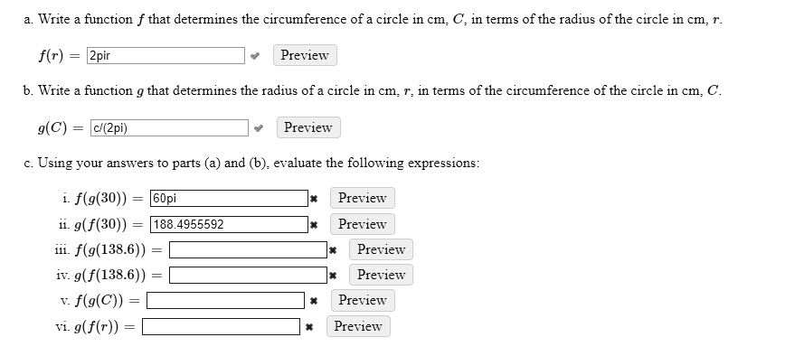 a. Write a function f that determines the circumference of a circle in ...
