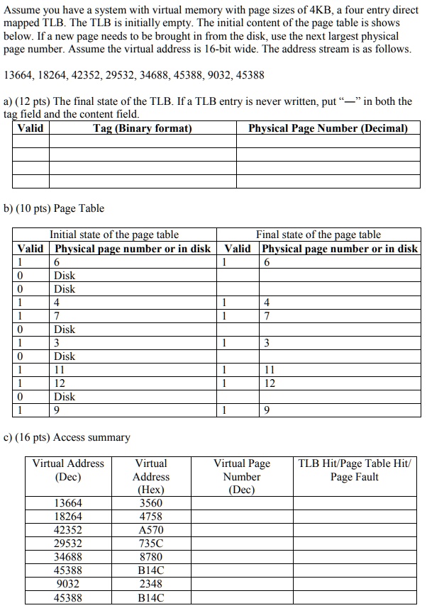 SOLVED: Assume you have a system with virtual memory with page sizes of 4KB and a four-entry ...