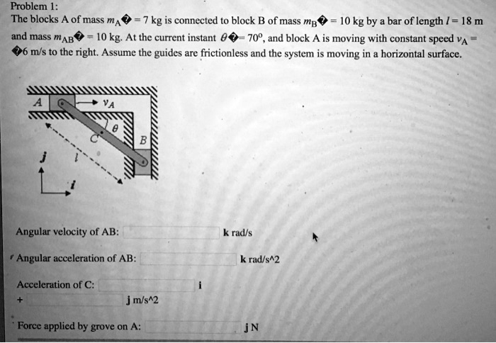 Problem 1: The blocks A of mass mA = 7 kg is connected to block B of mass mB = 10 kg by a bar of ...