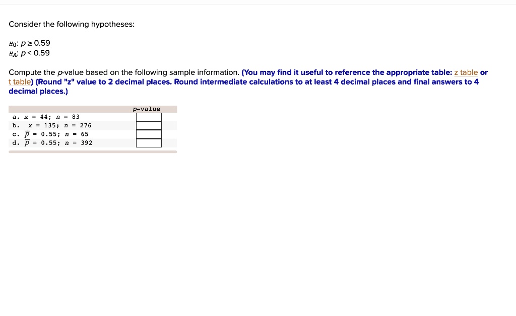 SOLVED: Consider the following hypotheses: Ho: pz0.59 Ha: p