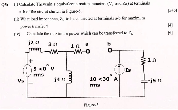 SOLVED: Q5: Calculate Thevenin's equivalent circuit parameters Vth and Zth at terminals a-b of ...