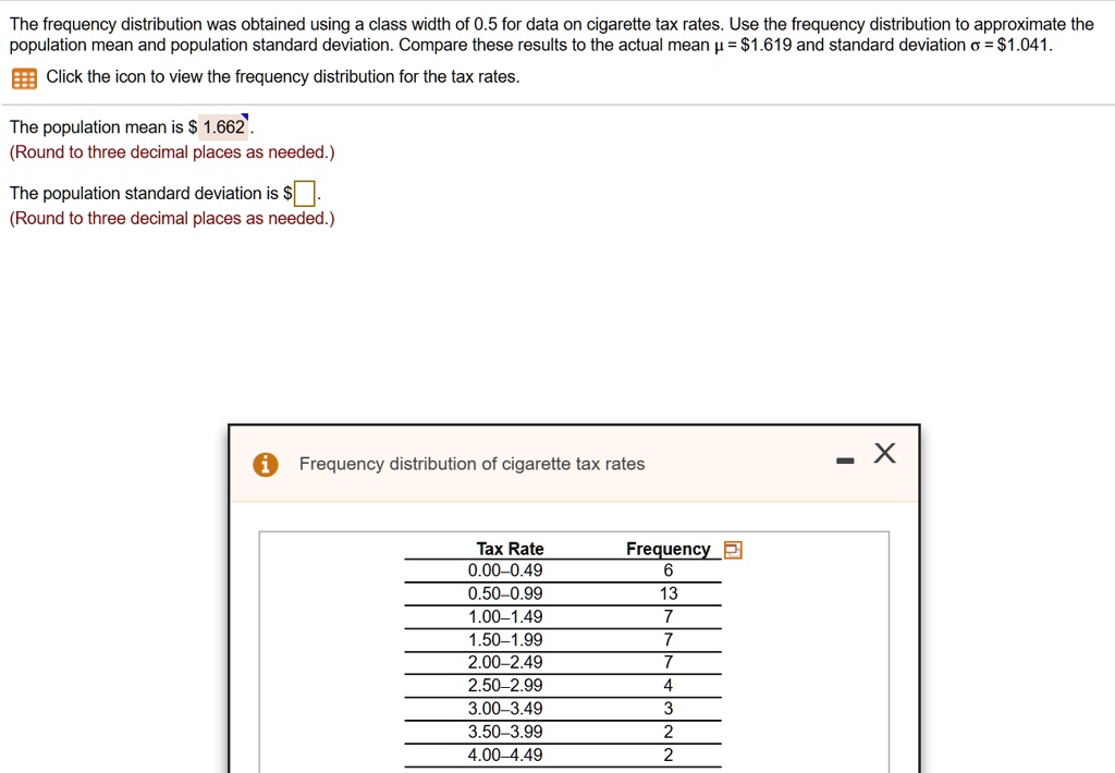 SOLVED: The frequency distribution was obtained using a class width of 0.5 for data on cigarette ...