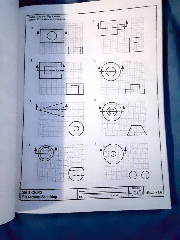 Given Top and Right views Sketch Front view as a full section 1. 2. 3 ...
