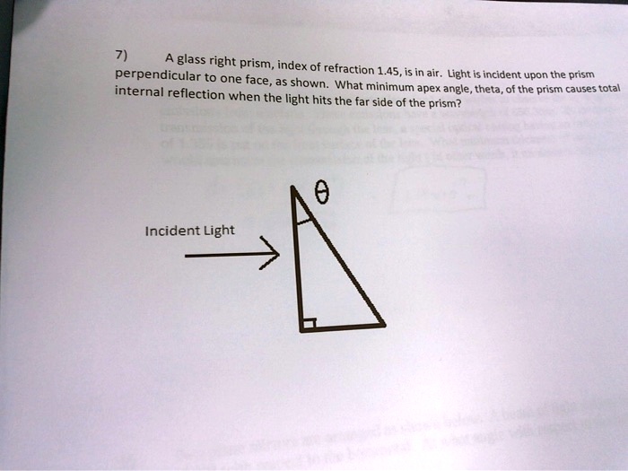 SOLVED: A glass right prism with an index of refraction perpendicular ...