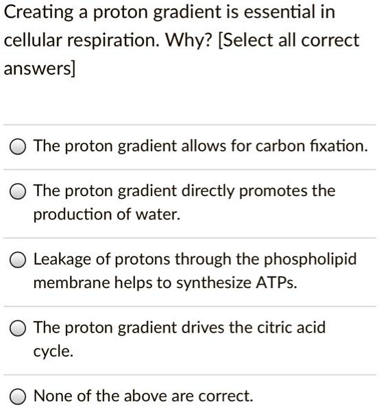 SOLVED: Creating a proton gradient is essential in cellular respiration ...