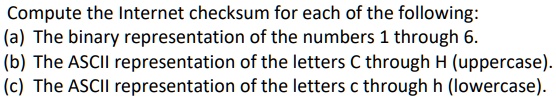 Get Answer Compute The Internet Checksum For Each Of The Following A The Binary