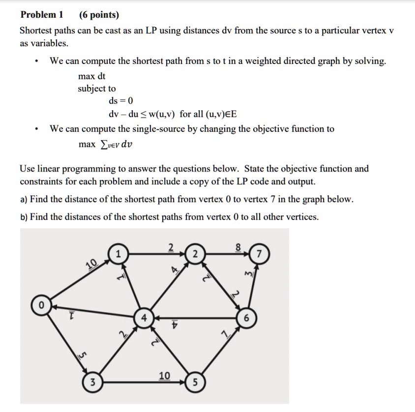 Solved Problem 1 6 Points Shortest Paths Can Be Cast As An Lp Using Distances Dv From The