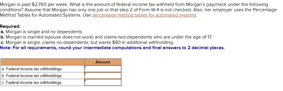 Morgan is paid 2,760 per week. What is the amount of federal income tax ...
