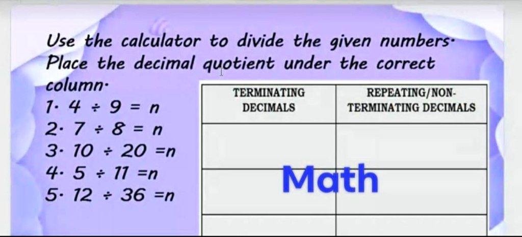 'Use the calculator to divide the given numbers. Place the decimal ...