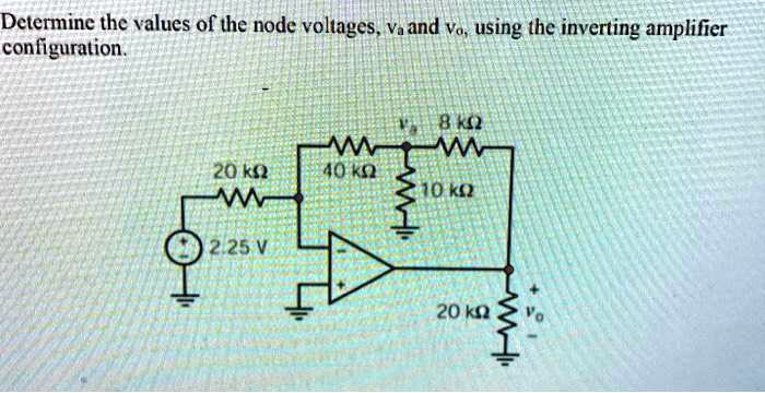 Determine the values of the node voltages, va and vo, using the inverting amplifier configuration.