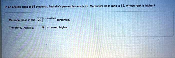 SOLVED: In on English class of 65 students, Audrelia' percentile rank ...