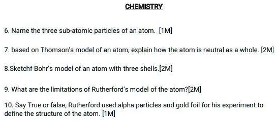 CHEMISTRY 6. Name the three sub-atomic particles of an atom....