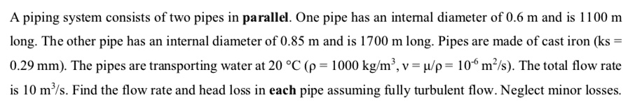 SOLVED: A piping system consists of two pipes in parallel. One pipe has ...