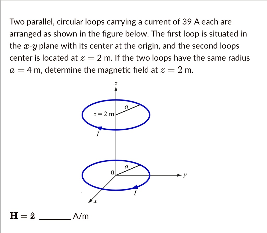 two parallel circular loops carrying a current of 39 a each are arranged as shown in the figure ...
