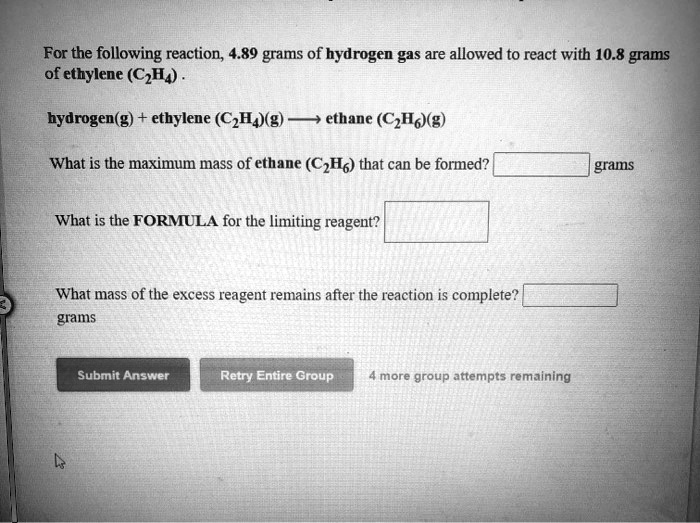 SOLVED: For the following reaction, 4.89 grams of hydrogen gas are allowed to react with 10.8 ...