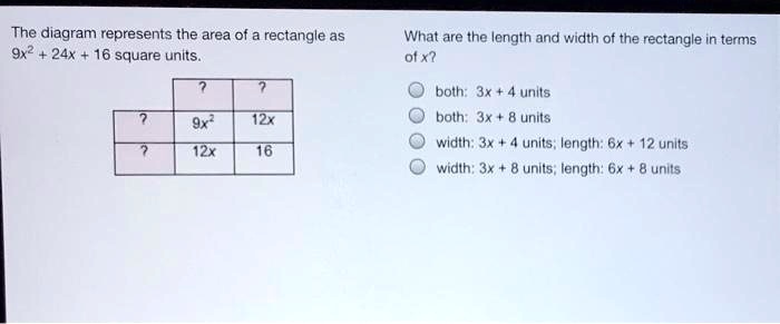 SOLVED: The diagram represents the area of a rectangle as 9x2 24x 16 ...