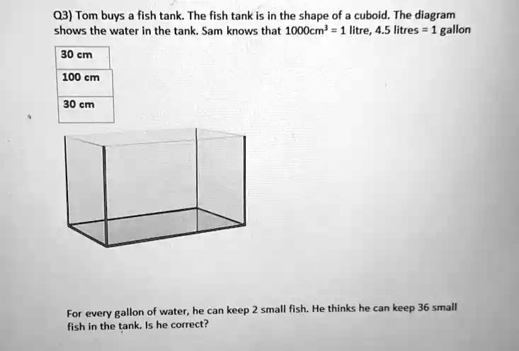 SOLVED: 03) Tom buys fish tank: The fish tank is in the shape of cuboid ...
