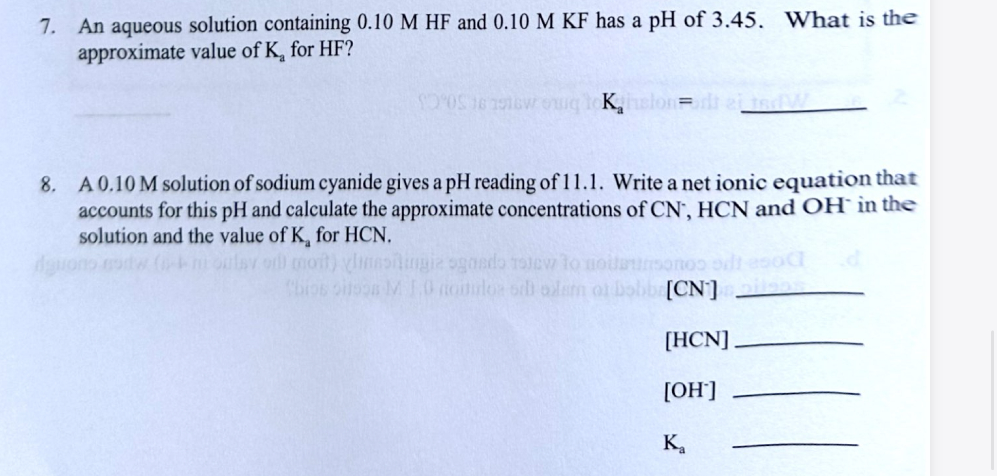 SOLVED: 7. An aqueous solution containing 0.10 MHF and 0.10 MKF has a pH of 3.45 . What is the ...