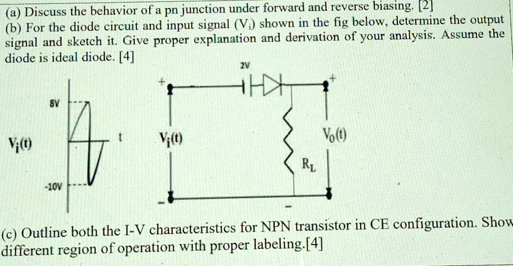 (a) Discuss the behavior of a pn junction under forward and reverse biasing. [2] (b) For the ...