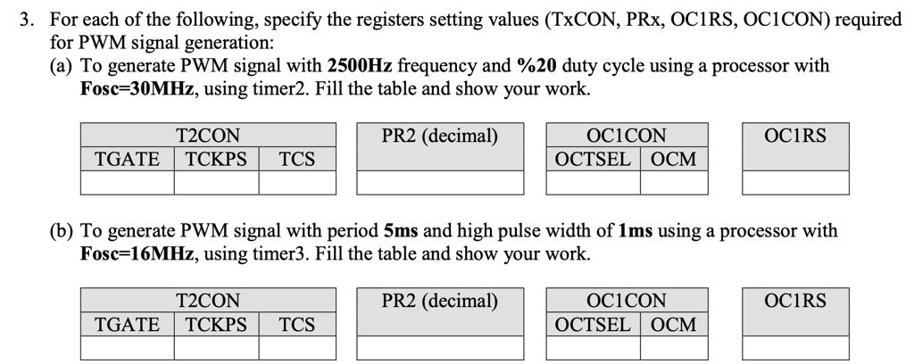 SOLVED:For each of the following, specify the registers setting values (TxCON, PRx, OCIRS ...