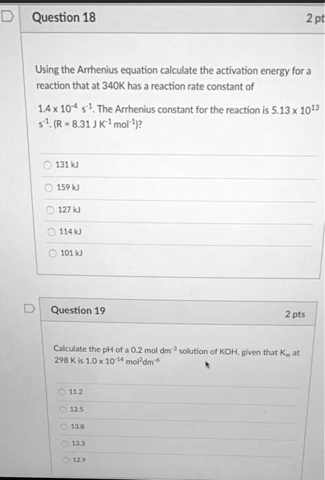 question 18 2 p using the arrhenius equation calculate the activation ...