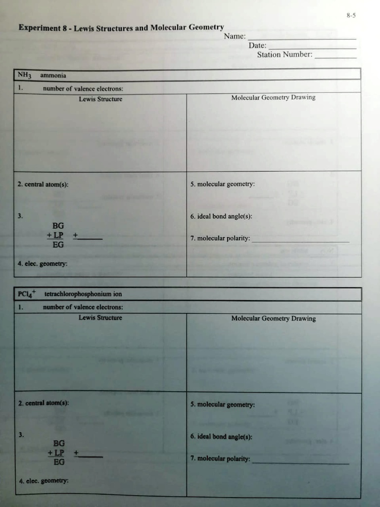 Experiment 8 - Lewis Structures and Molecular Geometry NH3 ammonia Name ...