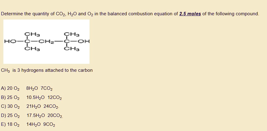 Determine the quantity of CO2, H2O and O2 in the balanced combustion ...