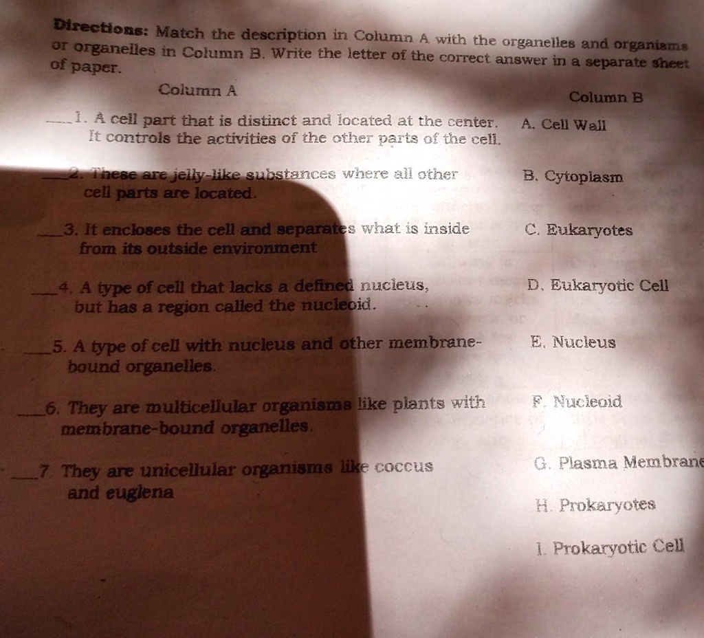 Directions: Match the description in Column A with the organelles and organisms or organelles in ...