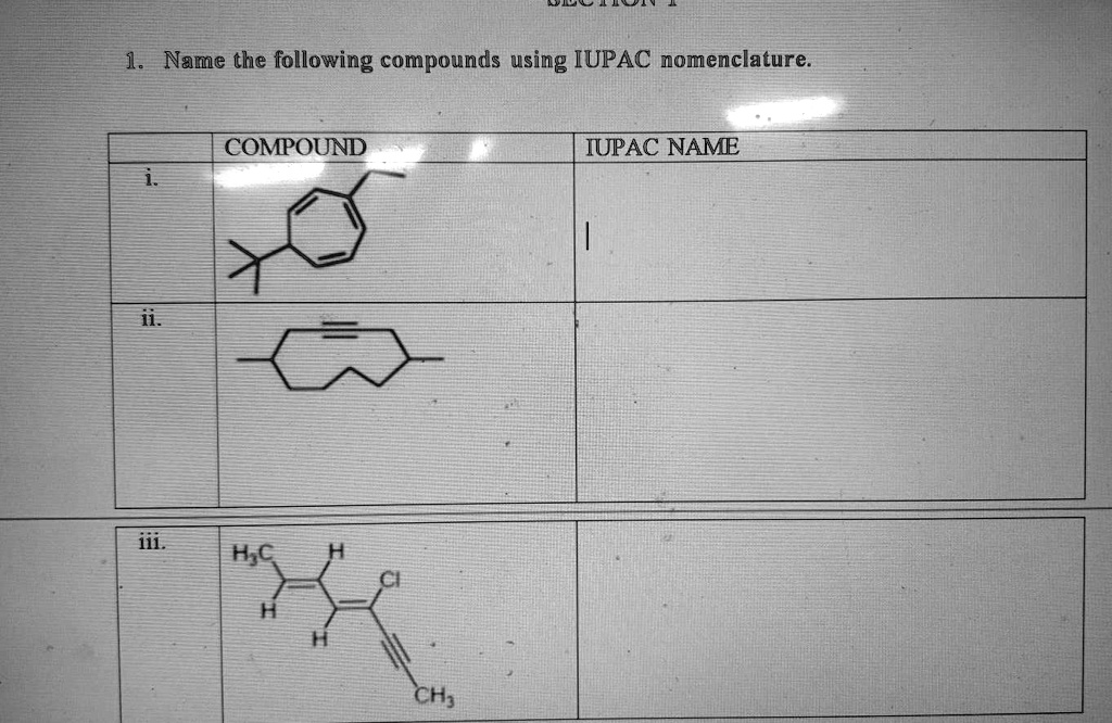 SOLVED: Name the following compounds using IUPAC nomenclature. COMPOUND TUPAC NAME I41= H,C CH,