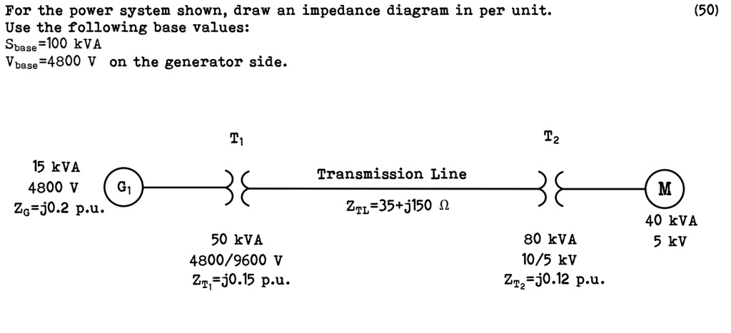 For the power system shown, draw an impedance diagram in per unit. Use ...