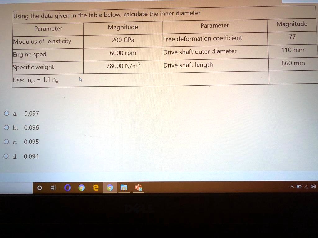 SOLVED: Using the data given in the table below, calculate the inner diameter, Parameter ...