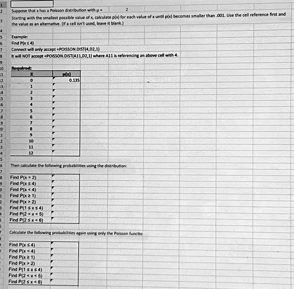 SOLVED: WITH EXCEL FUNCTIONS PLEASE Suppose that x has a Poisson distribution with λ. Starting ...