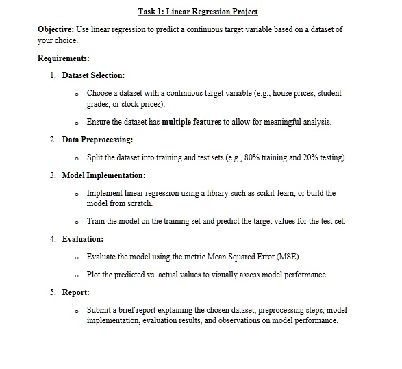 Task 1: Linear Regression Project Objective: Use linear regression to predict a continuous ...