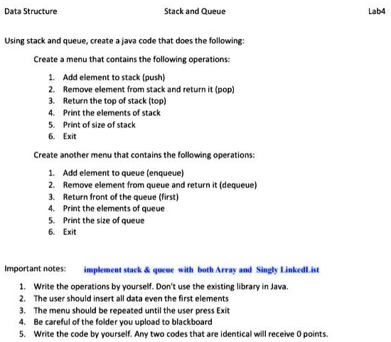 Solved Text Data Structure Stack And Queue Lab 4 Using Stack And Queue Create A Java Code