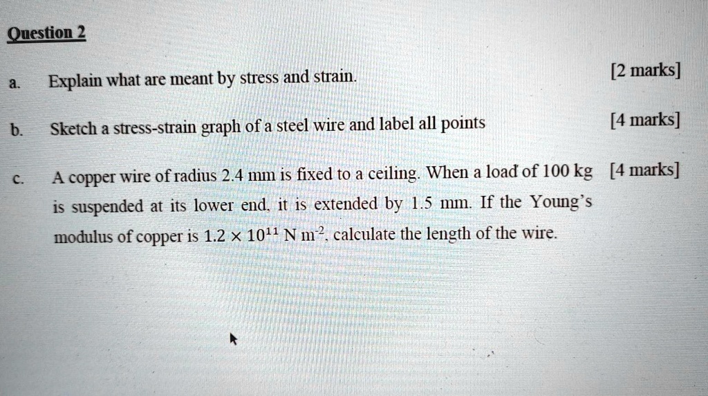 SOLVED: Explain what is meant by stress and strain. [2 marks] b Sketch ...
