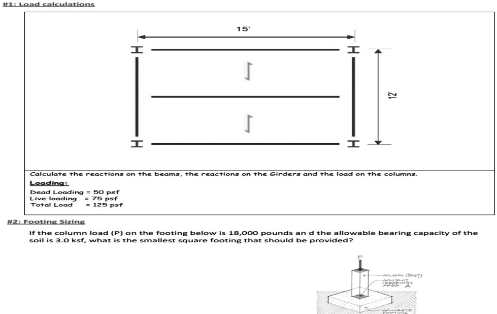 #1: Load calculations 15' I I I I 12' Calculate the reactions on the ...