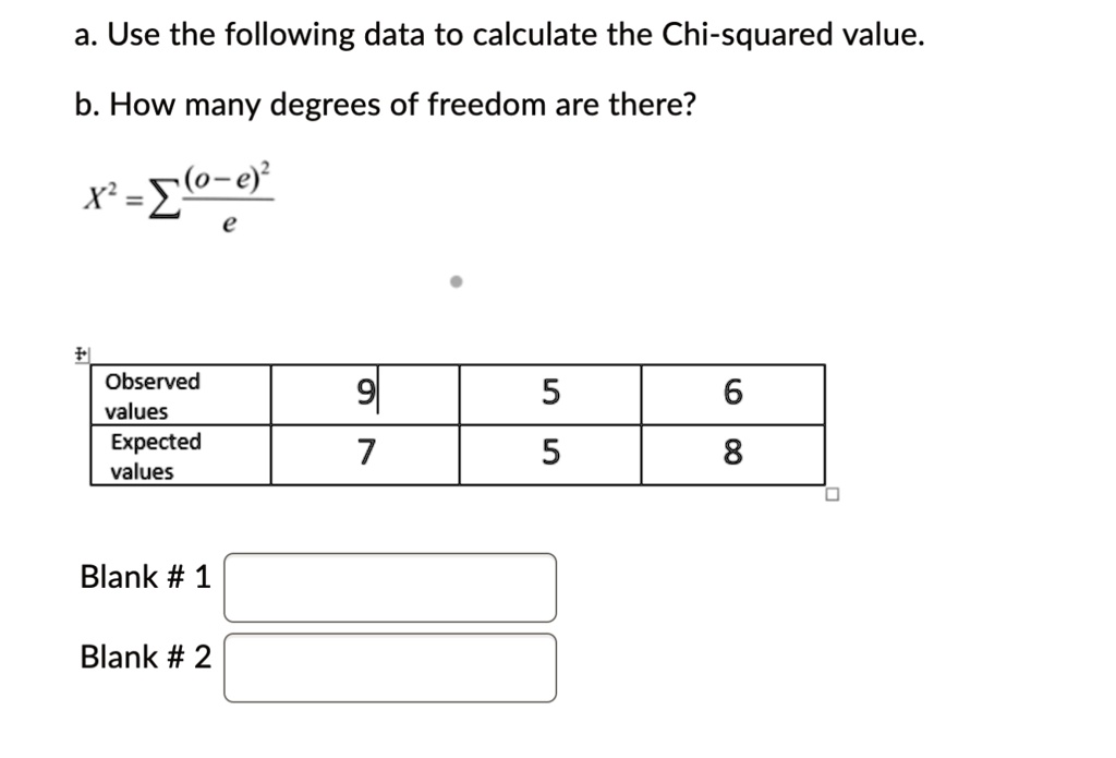 SOLVED: Use the following data to calculate the Chi-squared value: a. How many degrees of ...
