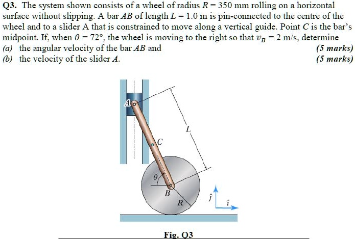 SOLVED: Q3. The system shown consists of a wheel of radius R = 350 mm rolling on a horizontal ...