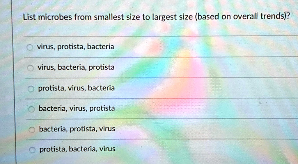 List microbes from smallest size to largest size (based on overall ...