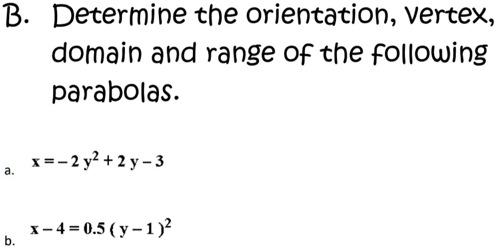 B. Determine the orientation, Vertex, domain and range of the following ...