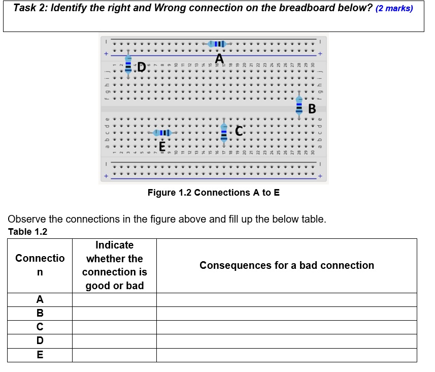 Task 2: Identify the right and Wrong connection on the breadboard below ...