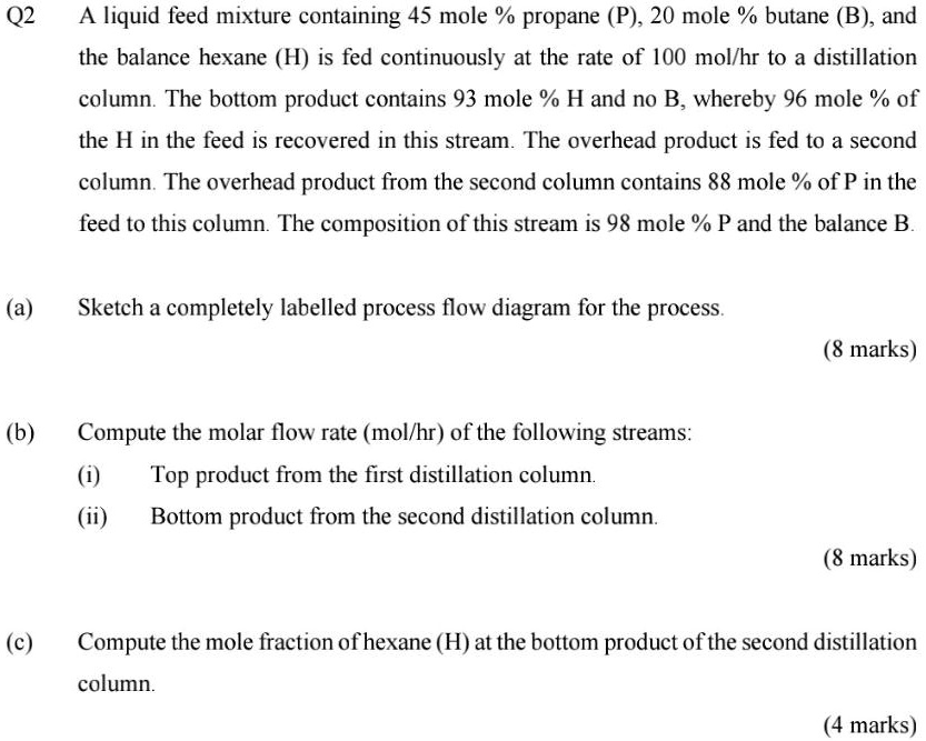 Q2 A liquid feed mixture containing 45 mole % propane (P), 20 mole ...